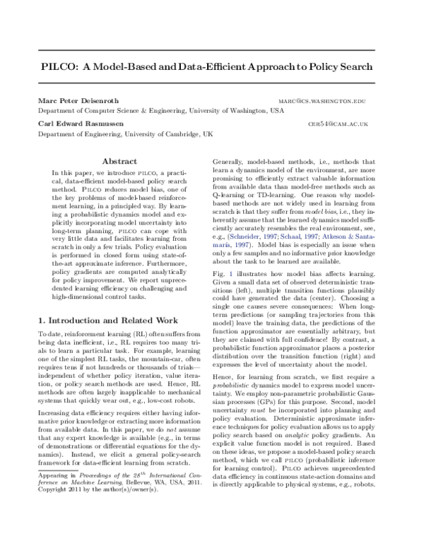 Pdf Pilco A Model Based And Data Efficient Approach To Policy Search