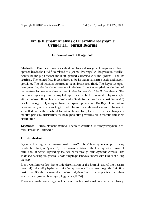 (PDF) Finite Element Analysis of Elastohydrodynamic Cylindrical Journal Bearing