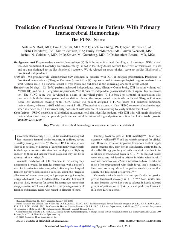 (PDF) Prediction of Functional Outcome in Patients With Primary Intracerebral Hemorrhage The ...