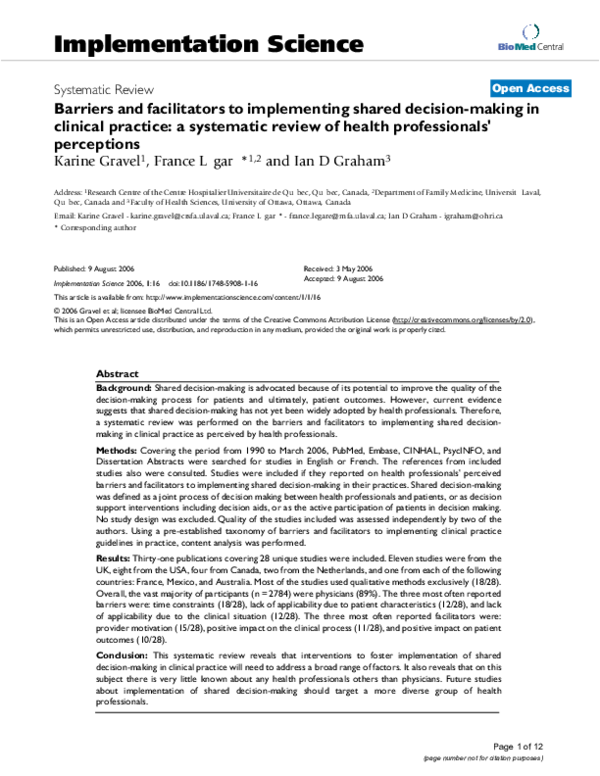 (PDF) Barriers and facilitators to implementing shared decision-making in clinical practice: a ...