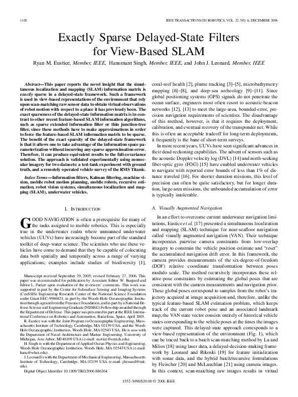 (PDF) Exactly sparse delayed-state filters for view-based SLAM