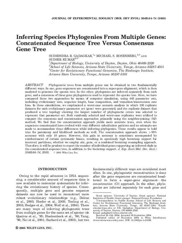 (PDF) Inferring Species Phylogenies From Multiple Genes: Concatenated Sequence Tree Versus ...