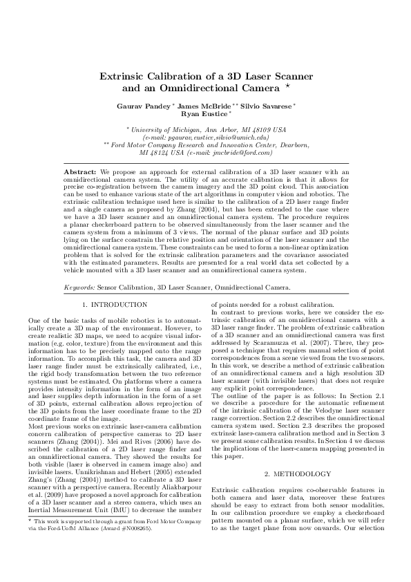 Pdf Extrinsic Calibration Of A 3d Laser Scanner And An Omnidirectional Camera