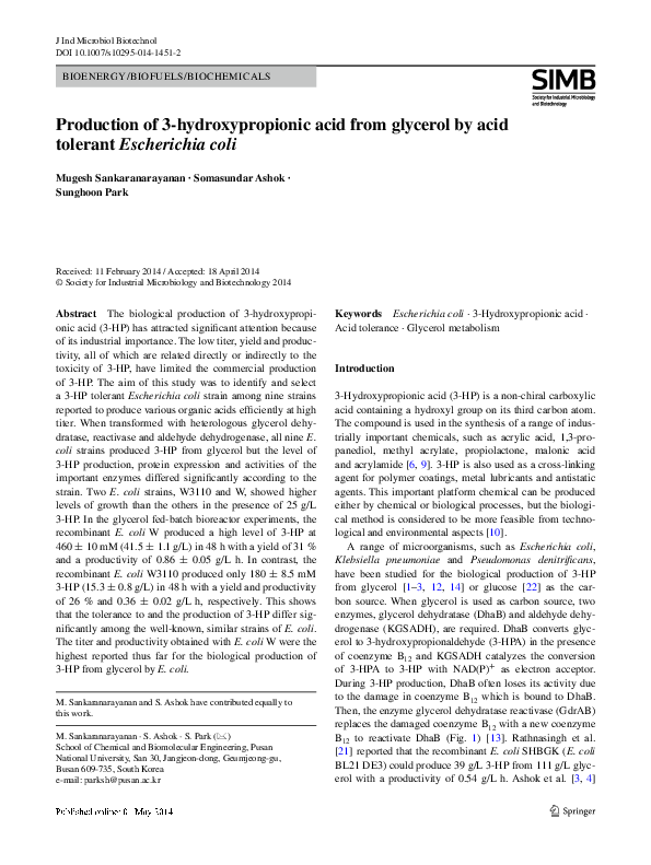 (PDF) 3 Production of 3‑hydroxypropionic acid from glycerol by acid ...