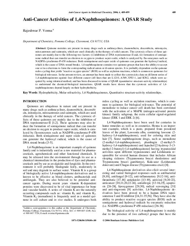 (PDF) Anti-Cancer Activities of 1,4-Naphthoquinones: A QSAR Study