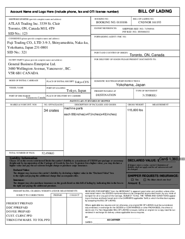 (PDF) Bill of Loading - example