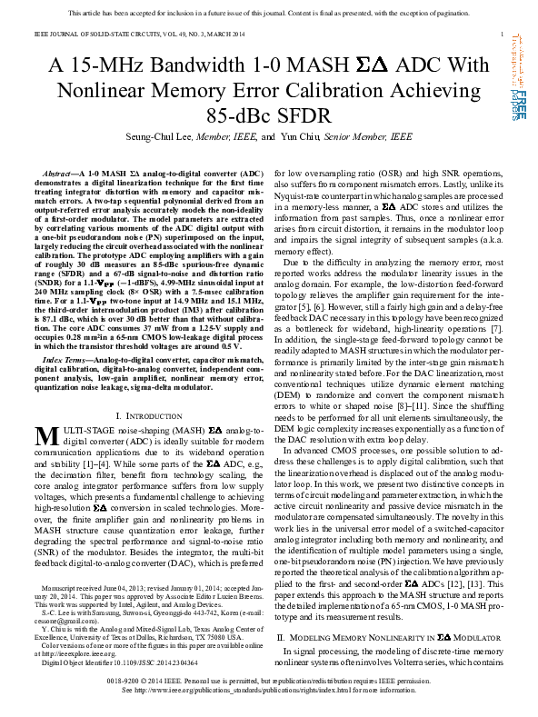 (PDF) A 15-MHz Bandwidth 1-0 MASH ADC With Nonlinear Memory Error ...