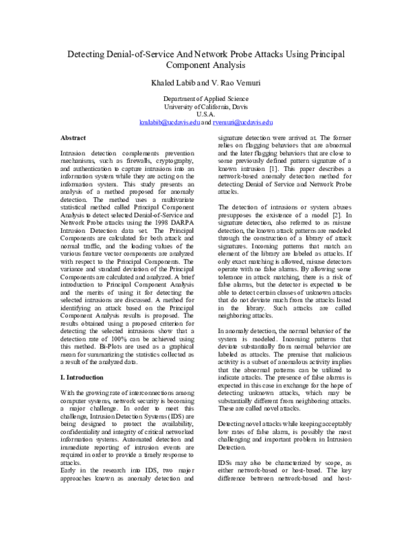 Detecting Denial Of Service And Network Probe Attacks Using Principal Component Analysis