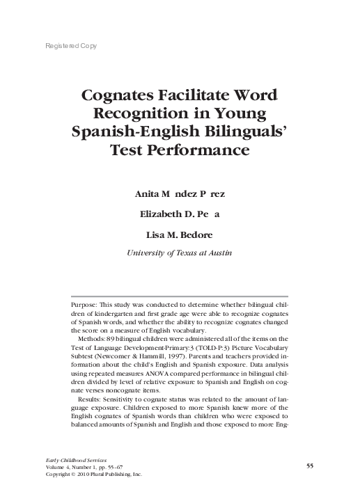 (PDF) Cognates facilitate word recognition in young Spanish-English ...