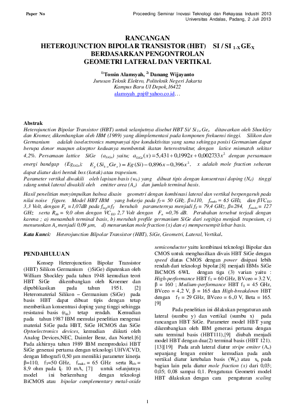 (PDF) RANCANGAN HETEROJUNCTION BIPOLAR TRANSISTOR (HBT) SI / SI ...