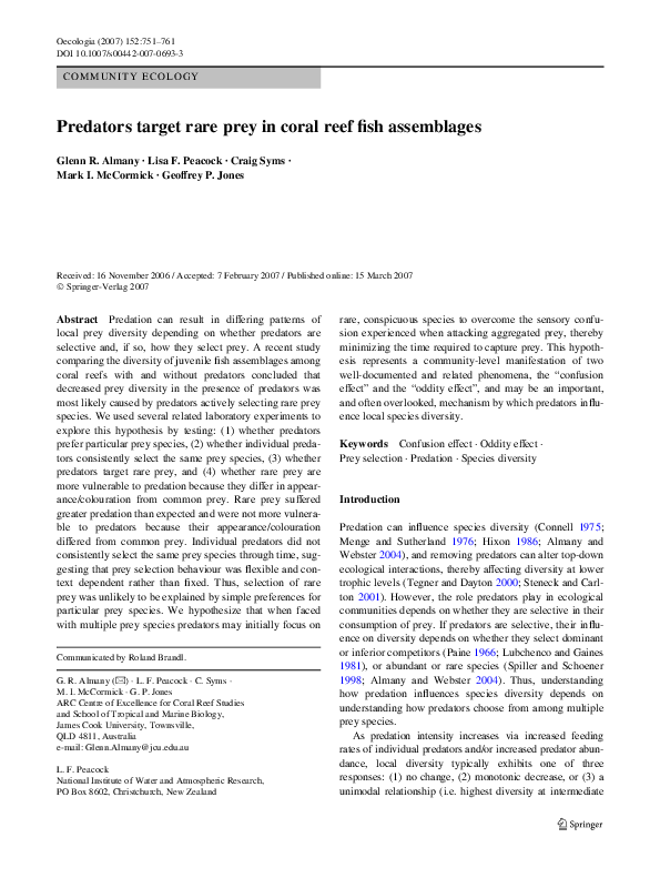 (PDF) Predators target rare prey in coral reef fish assemblages