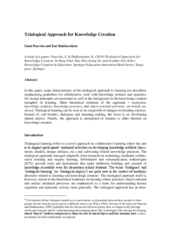 (PDF) Paavola S. & Hakkarainen, K. (in press, appearing in 2014 ...