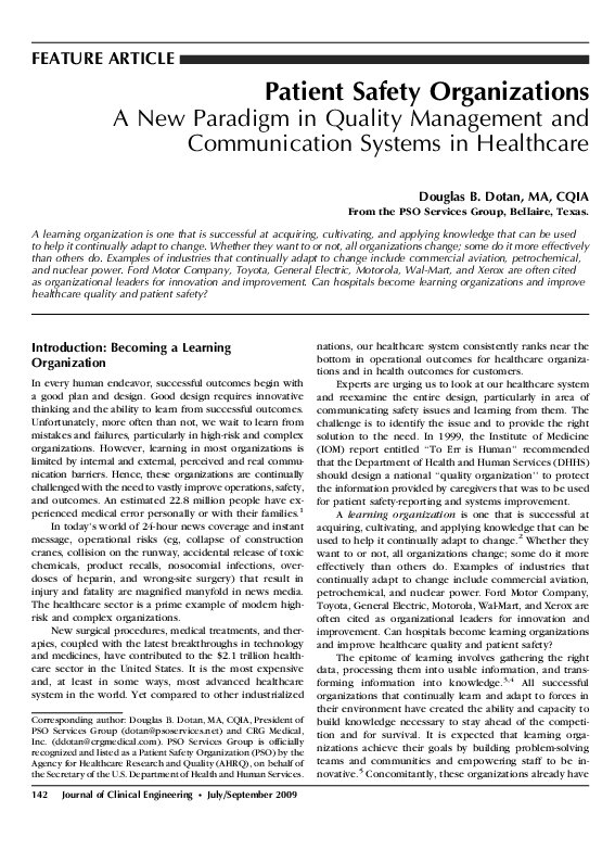 (PDF) Patient Safety Organizations A New Paradigm in Quality Management ...