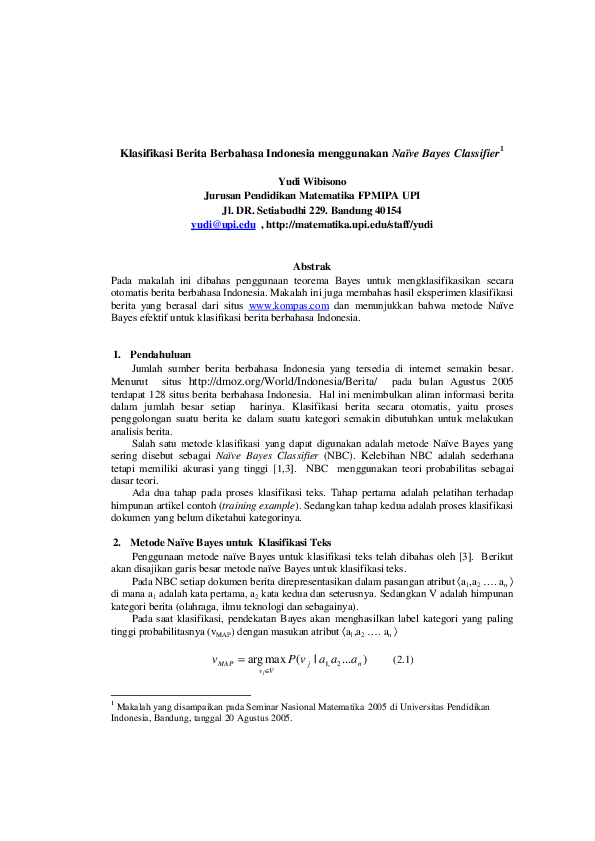 (PDF) Klasifikasi Berita Berbahasa Indonesia menggunakan Naïve Bayes Classifier