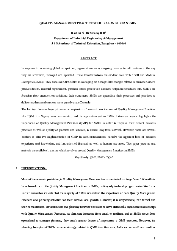 (DOC) QUALITY MANAGEMENT PRACTICES IN RURAL AND URBAN SMEs - A Review paper
