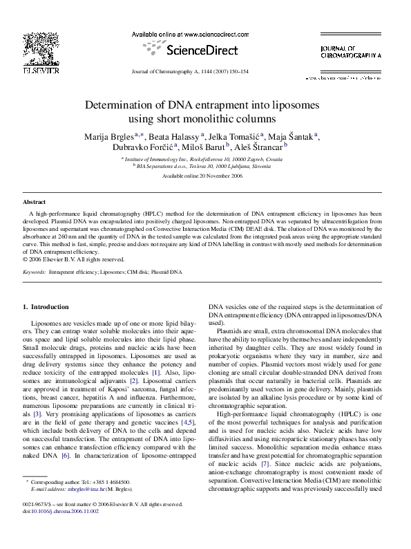 (PDF) Determination of DNA entrapment into liposomes using short ...