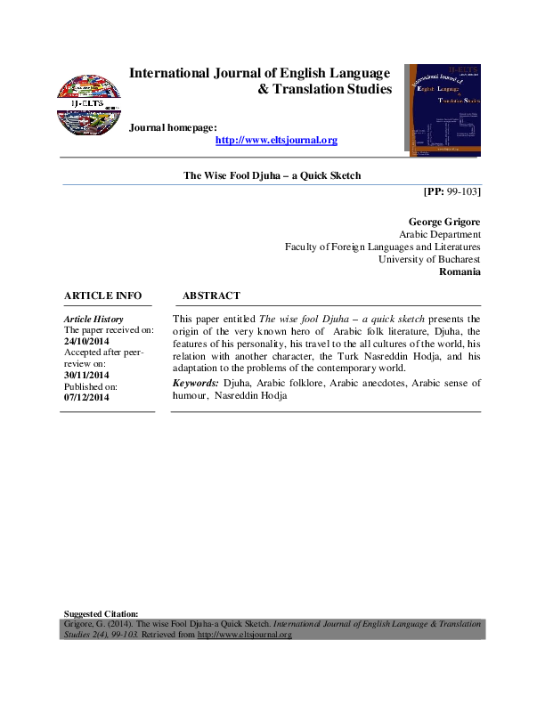 (PDF) George Grigore. 2014. „The Wise Fool Djuha – a Quick Sketch”. in ...