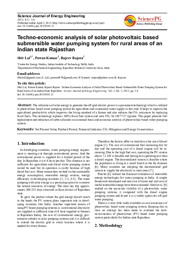 (PDF) Techno-economic analysis of solar photovoltaic based submersible water pumping system for ...