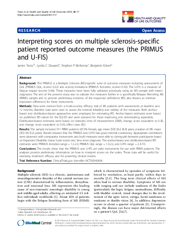 (PDF) Interpreting scores on multiple sclerosis-specific patient reported outcome measures (the ...