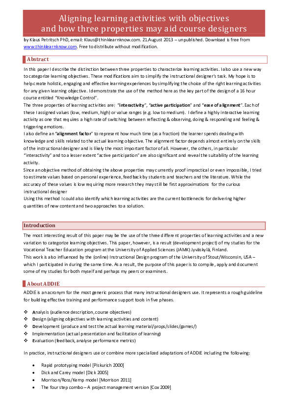 Aligning learning activities with objectives - how three properies may ...