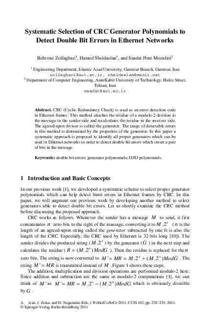 (PDF) Systematic Selection of CRC Generator Polynomials to Detect Double Bit Errors in Ethernet ...