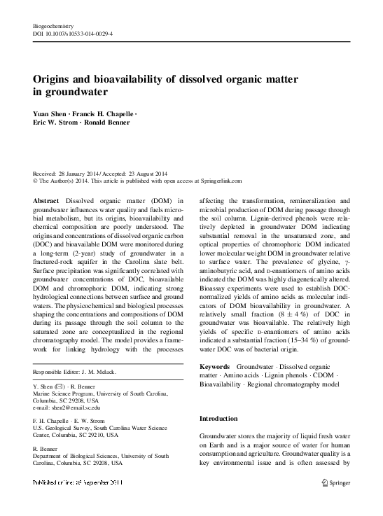 (PDF) Origins and bioavailability of dissolved organic matter in groundwater