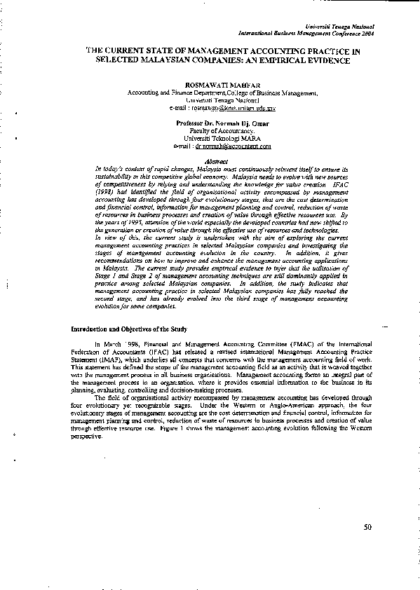 (PDF) The current state of management accounting practice in selected Malaysian companies An ...