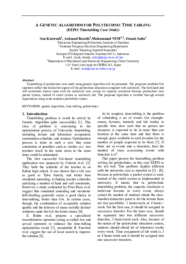 (PDF) A GENETIC ALGORITHM FOR POLYTECHNIC TIME TABLING (EEPIS Timetabling Case Study