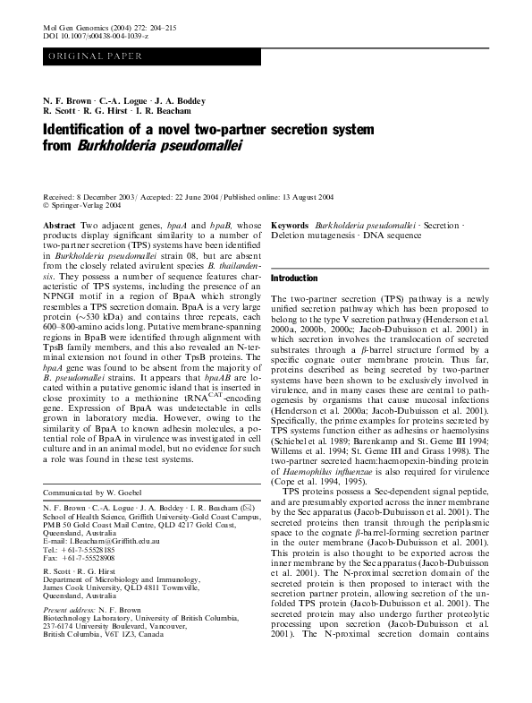 (PDF) Identification of a Novel Two-Partner Secretion System From ...