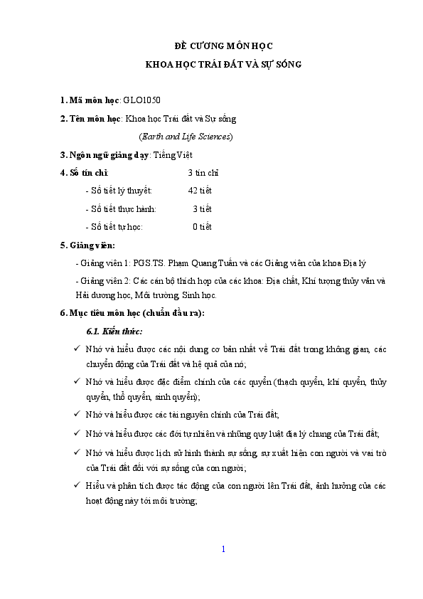 (DOC) E C 0 : Khoa h c Trái đ t và S s ng (Earth and Life Sciences) : Ti ng Vi t 4. Số tín chỉ ...