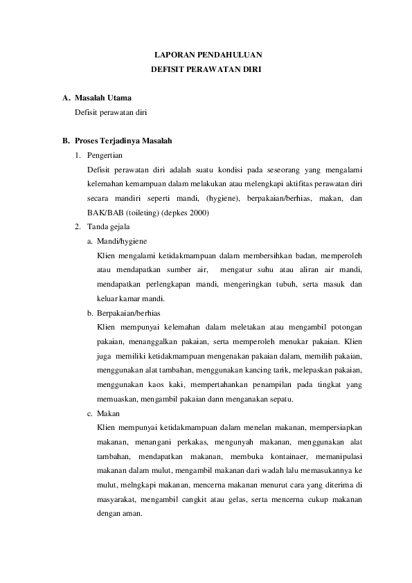 (DOC) LAPORAN PENDAHULUAN DEFISIT PERAWATAN DIRI