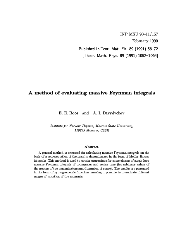 (PDF) A method of calculating massive Feynman integrals