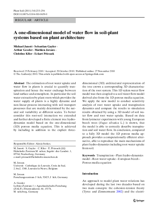 A one-dimensional model of water flow in soil-plant systems based on ...