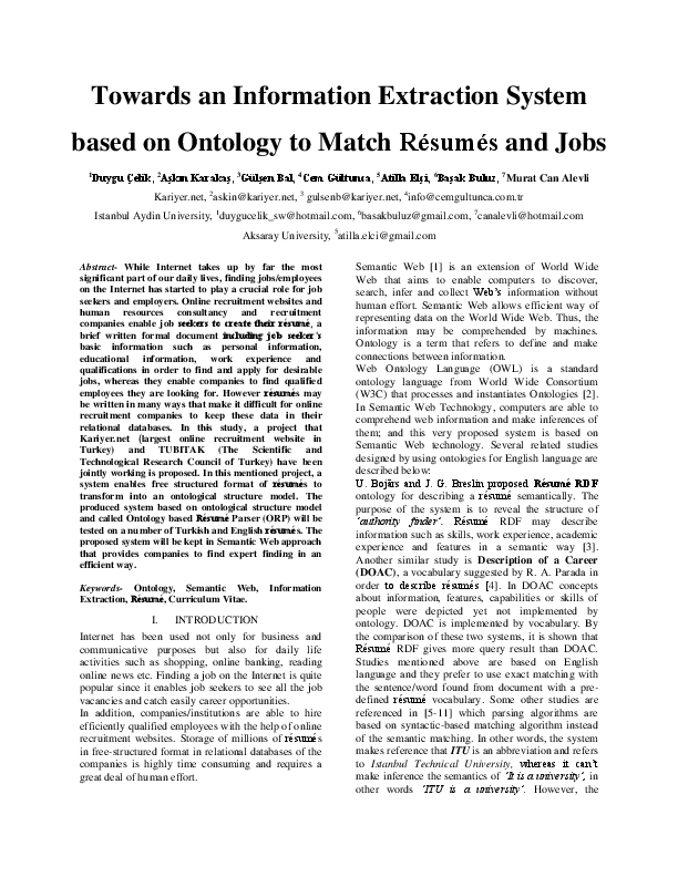 Pdf Towards An Information Extraction System Based On Ontology To Match Résumés And Jobs
