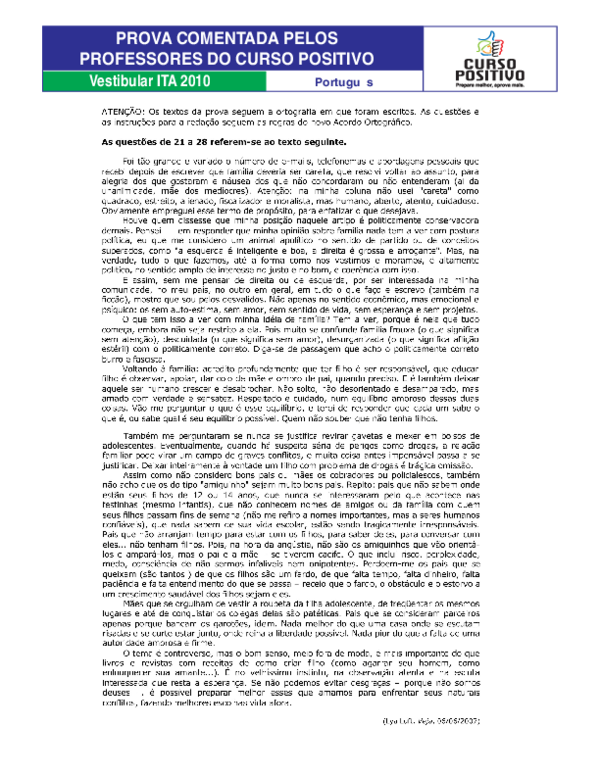PROVA COMENTADA PELOS PROFESSORES DO CURSO POSITIVO