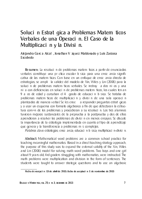 (PDF) Solución Estratégica a Problemas Matemáticos Verbales de una ...