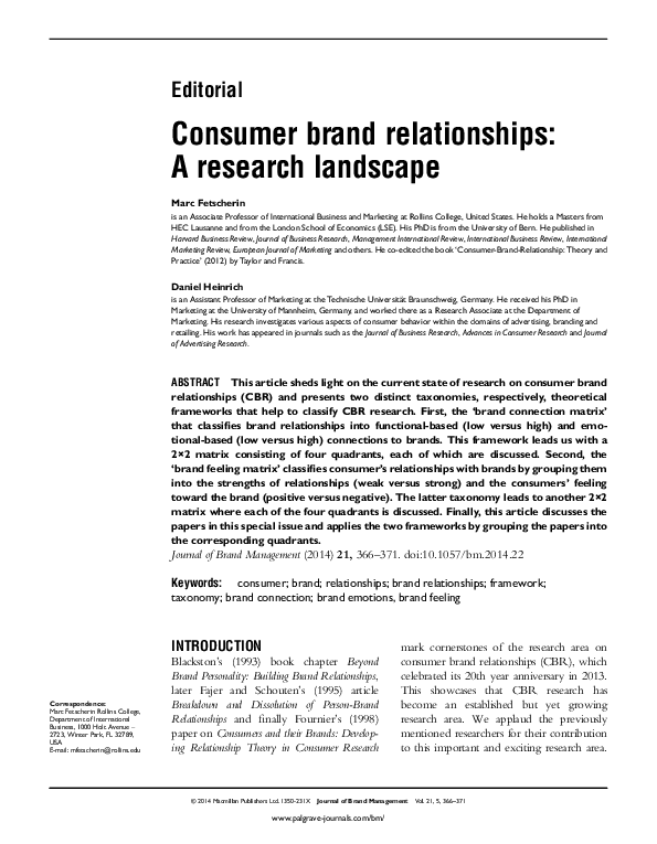 (PDF) Consumer brand relationships: A research landscape