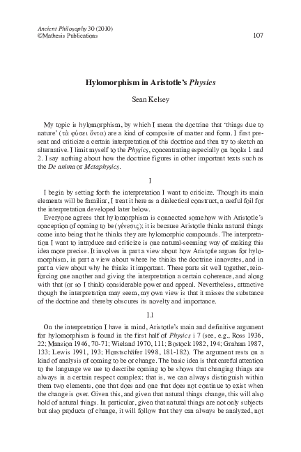 (PDF) Hylomorphism in Aristotle's Physics