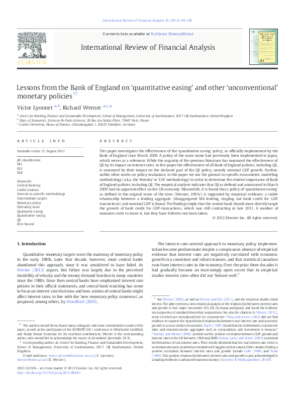 (PDF) Lessons from the Bank of England on 'quantitative easing' and ...