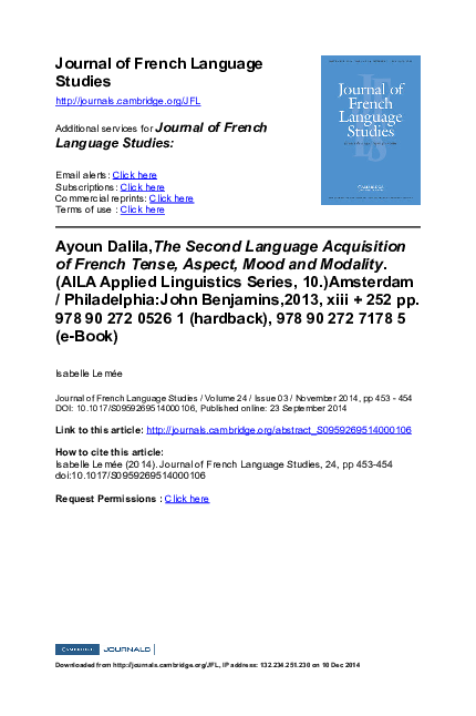 (PDF) Ayoun Dalila, The Second Language Acquisition of French Tense, Aspect, Mood and Modality ...