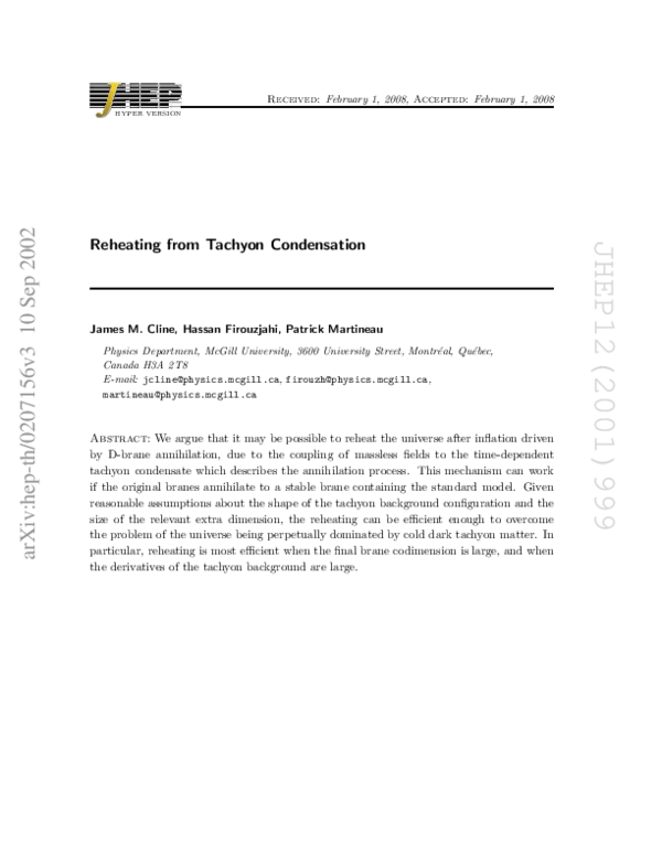 (PDF) Reheating from Tachyon Condensation