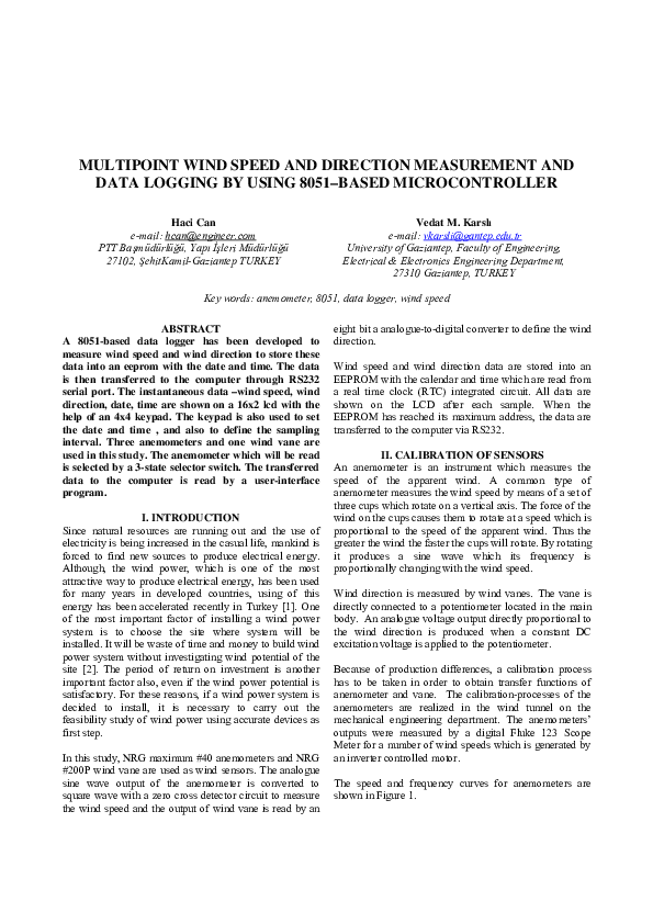 Pdf Multipoint Wind Speed And Direction Measurement And Data Logging