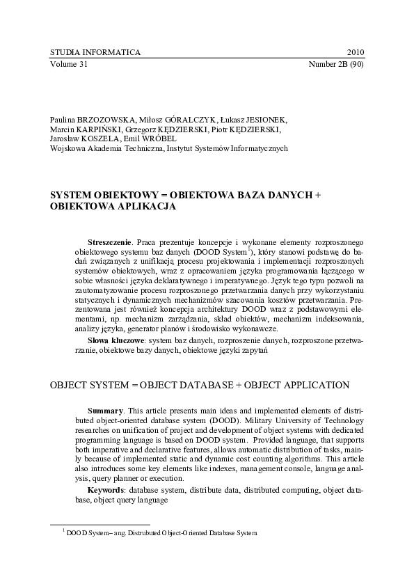 (PDF) SYSTEM OBIEKTOWY = OBIEKTOWA BAZA DANYCH + OBIEKTOWA APLIKACJA