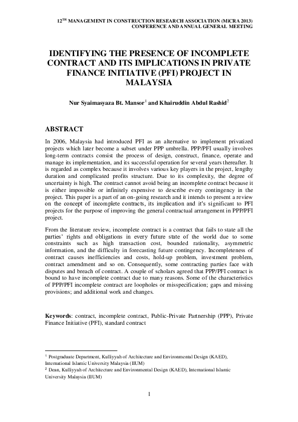 (PDF) IDENTIFYING THE PRESENCE OF INCOMPLETE CONTRACT AND ITS ...