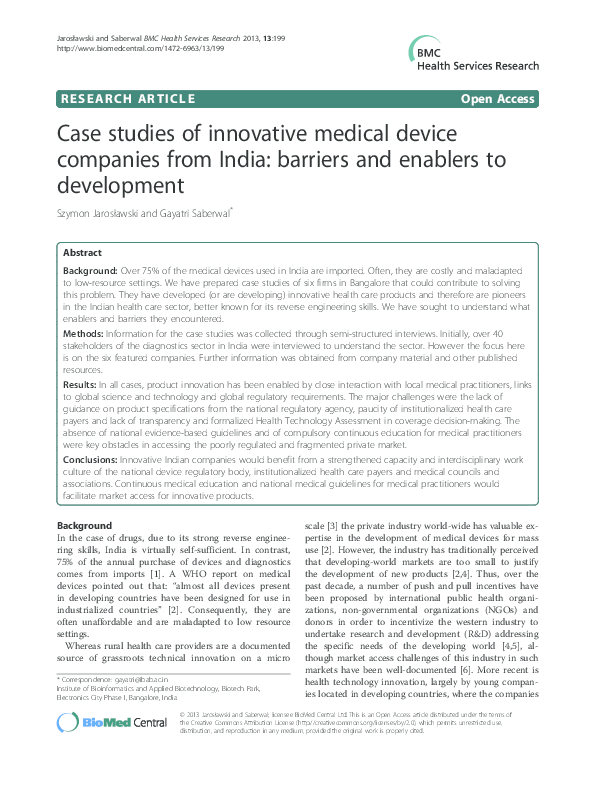 (PDF) Case studies of innovative medical device companies from India ...