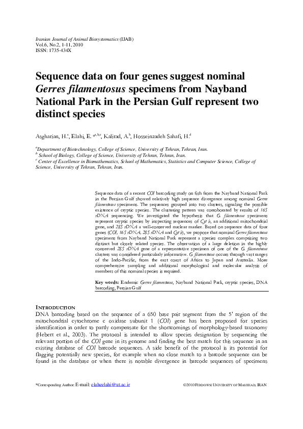 (PDF) Sequence data on four genes suggest nominal Gerres filamentosus ...