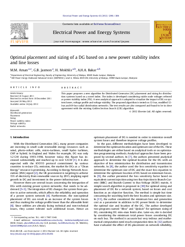 (PDF) Optimal placement and sizing of a DG based on a new power stability index and line losses