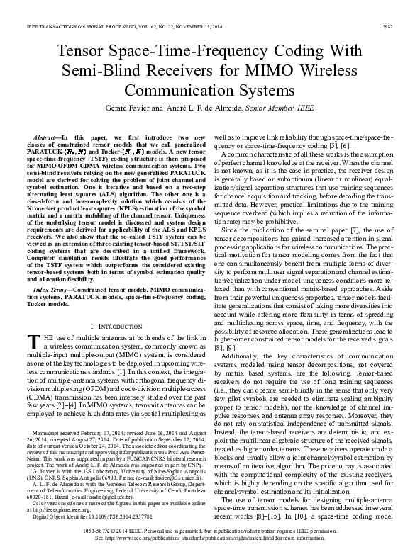 Pdf Tensor Space Time Frequency Coding With Semi Blind Receivers For Mimo Wireless
