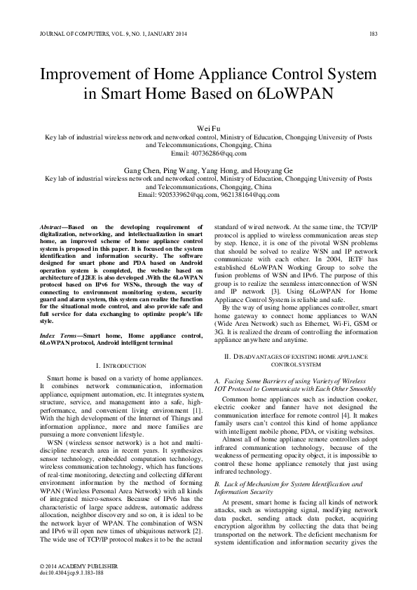 (PDF) Improvement of Home Appliance Control System in Smart Home Based on 6LoWPAN