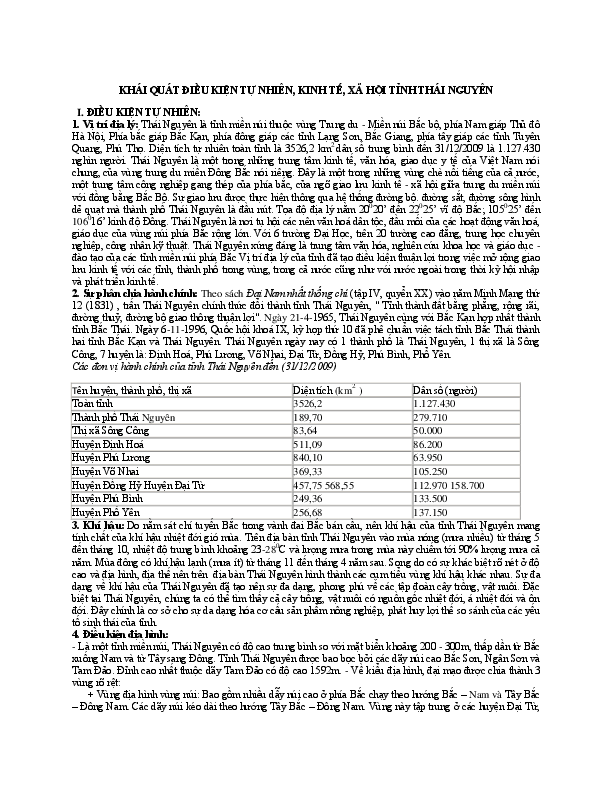 (DOC) KHÁI QUÁT ĐI U KI N T NHIÊN, KINH T , XÃ H I T NH THÁI NGUYÊN I. ĐI U KI N T NHIÊN